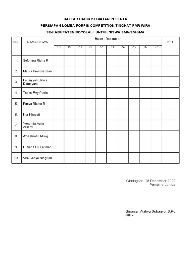 Daftar Hadir Kegiatan Lomba Peserta | PDF