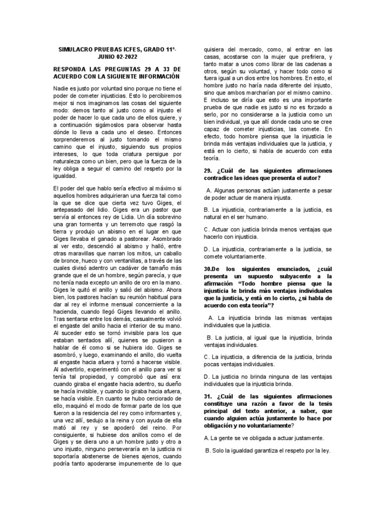 Simulacro Pruebas Icfes 02 de Junio 2022 | PDF | Amor | Justicia Simulacro Pruebas Icfes 02 de Junio 2022 | PDF | Amor | Justicia