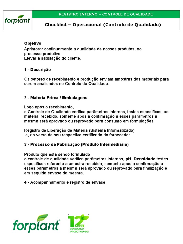 Controle de Qualidade: Checklist Operacional | PDF