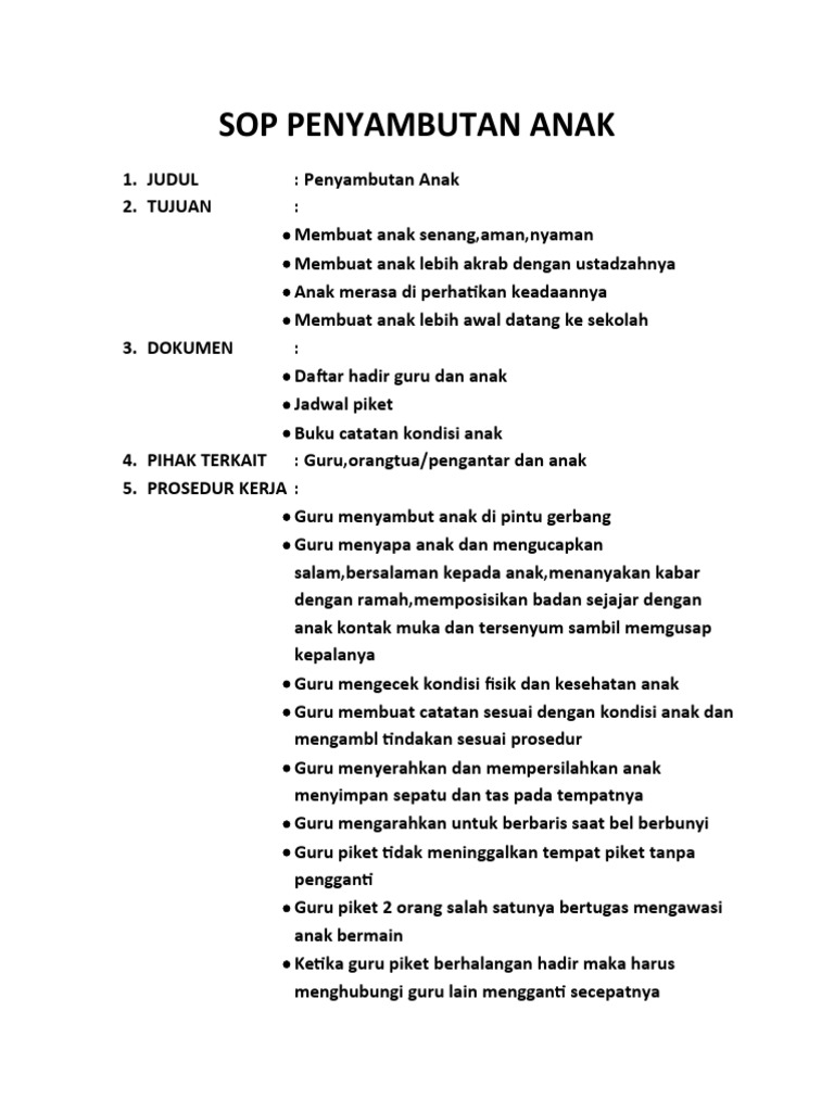 SOP Penyambutan Anak PAUD | PDF