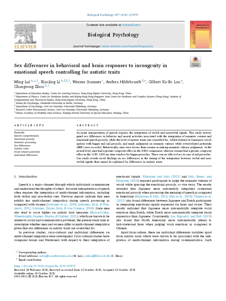 Sex Differences In Behavioral And Brain Responses To Incongruity In Emotional Speech Controlling