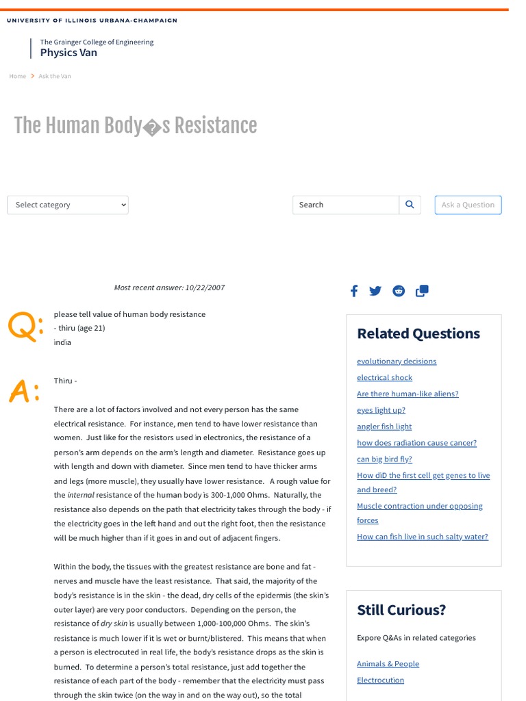 2 The Human Bodys Resistance - Physics Van - UIUC PDF | PDF | Capacitor | Electrical Resistance ...