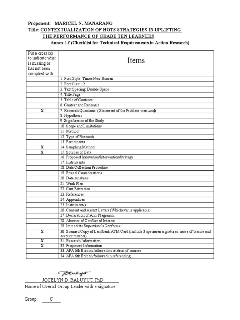 6 1.f. Annex Checklist For Action Research | PDF