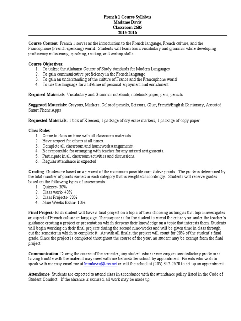 French 1 Course Syllabus | Download Free PDF | French Language | Classroom