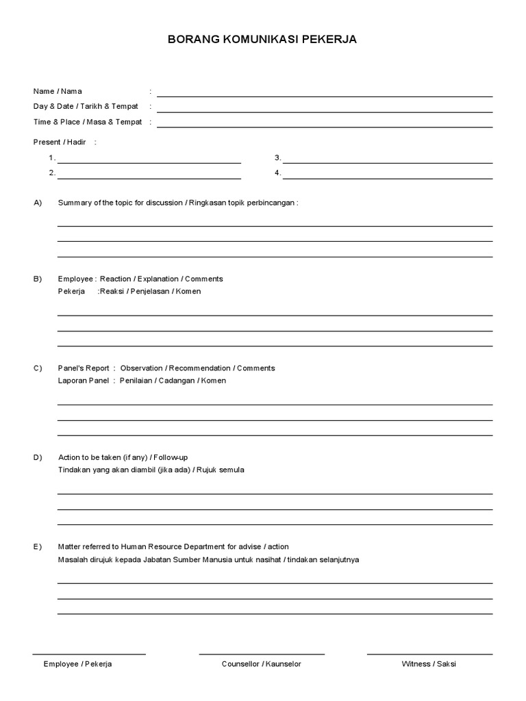 1 - CONTOH BORANG KOMUNIKASI PEKERJA (Kaunselling at Verbal Warning) | PDF