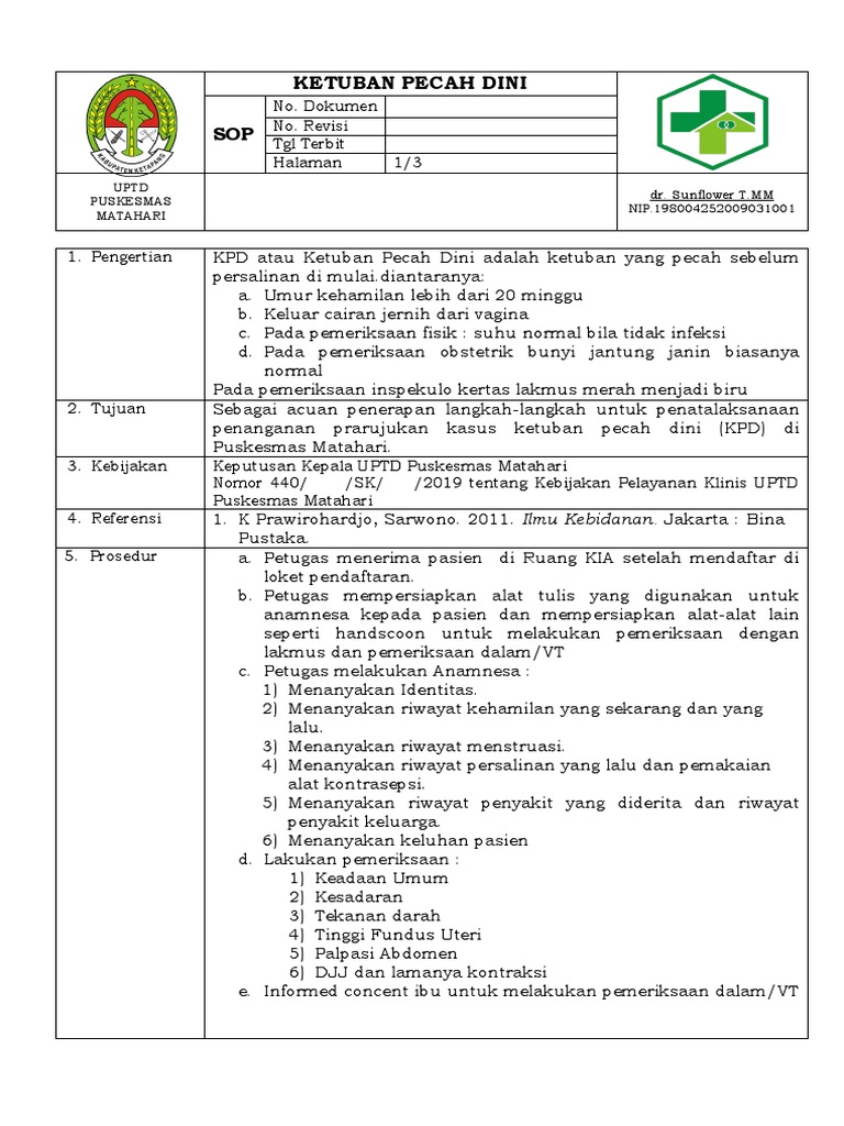 Sop Penatalaksanaan KPD Pada Kehamilan | PDF