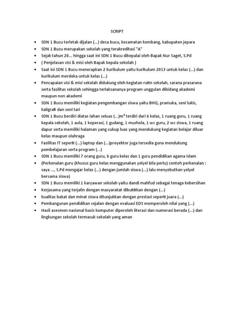 SCRIPT Video Profil SDN 1 Bucu | PDF | Karier & Perkembangan | Seni