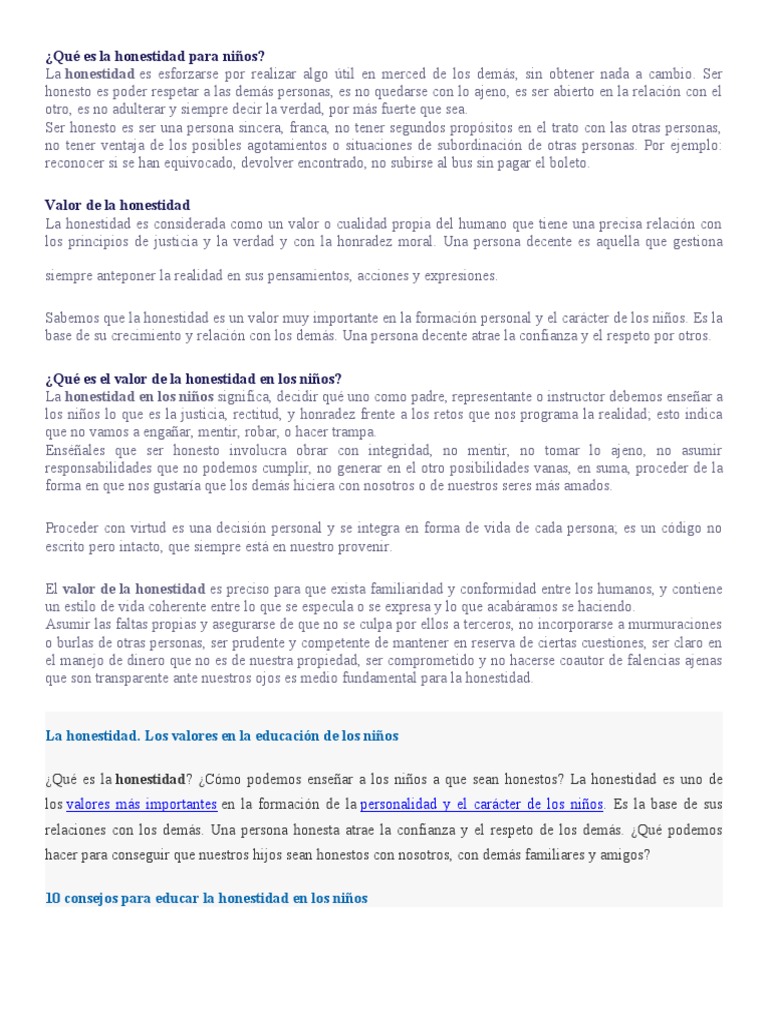 La Honestidad: Valor Esencial para Niños | PDF | Verdad | Justicia