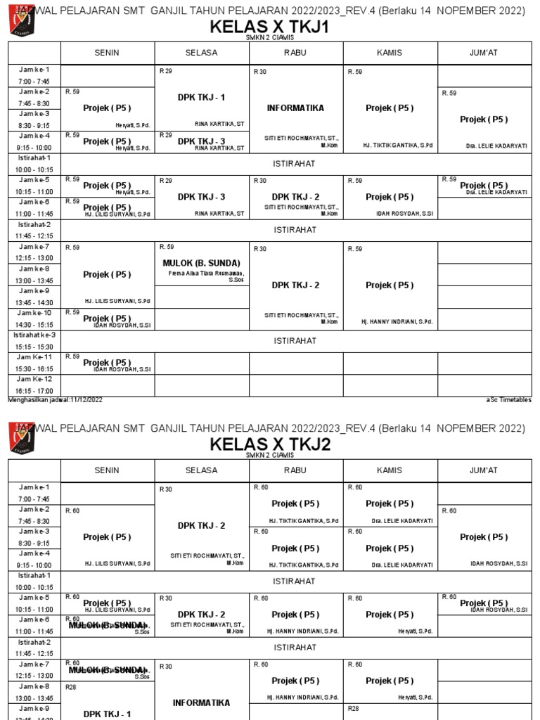 Jadwal KBM Siswa - Berlaku 14 Nop 22 | PDF
