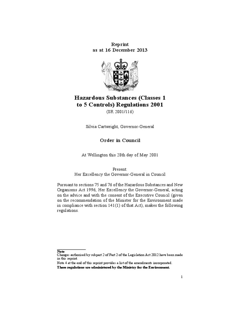 Hazardous Substances Classes 1 To 5 Controls Regulations 2001 | PDF ...