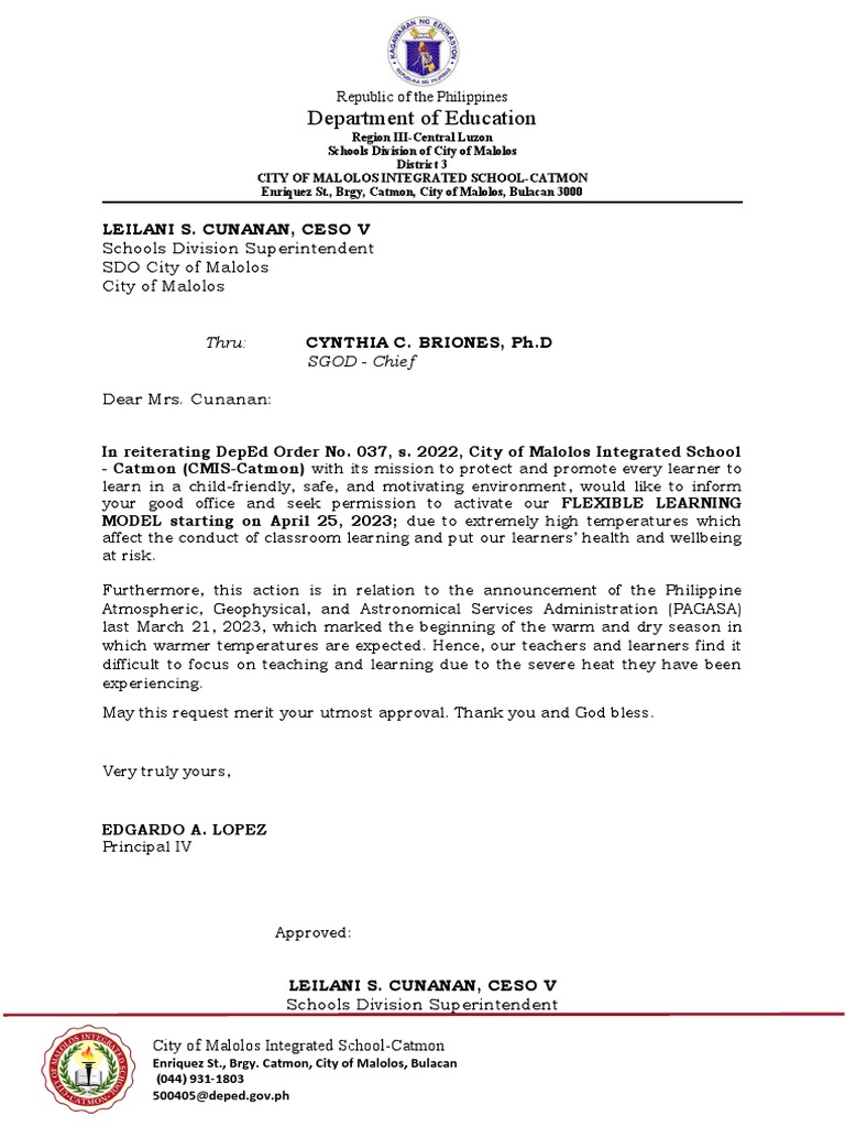 Letter To SDS Flexi Sched | PDF | Behavior Modification | Learning