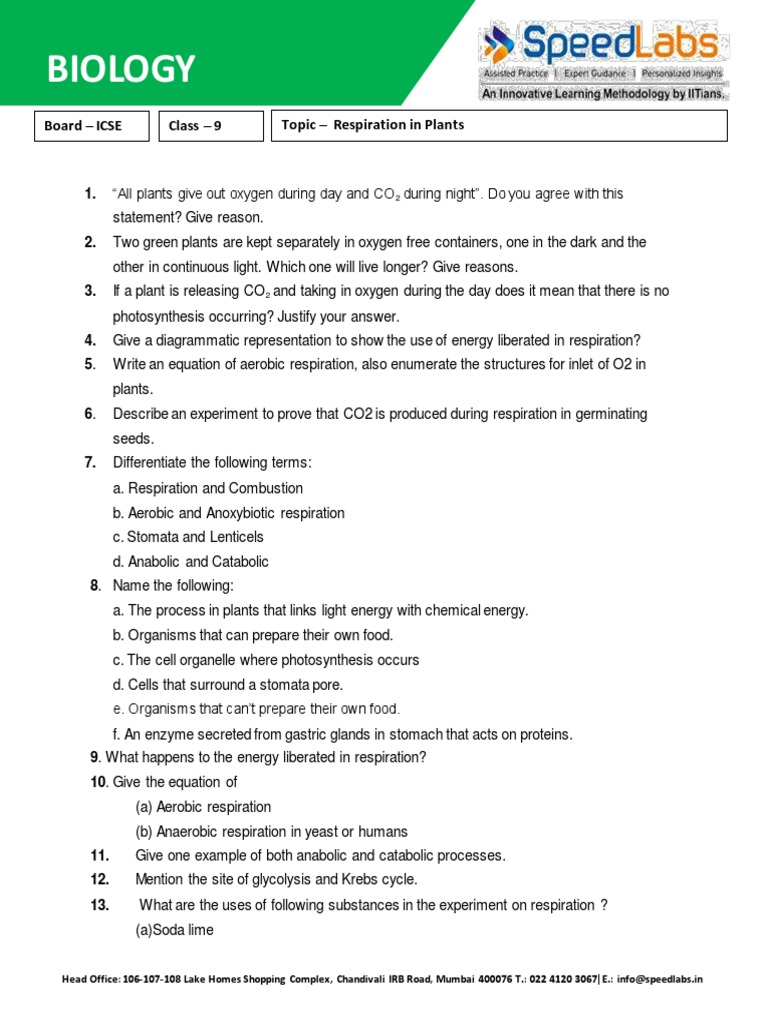 Respiration in Plant - Important Qs - Important Questions - ICSE - PDF ...