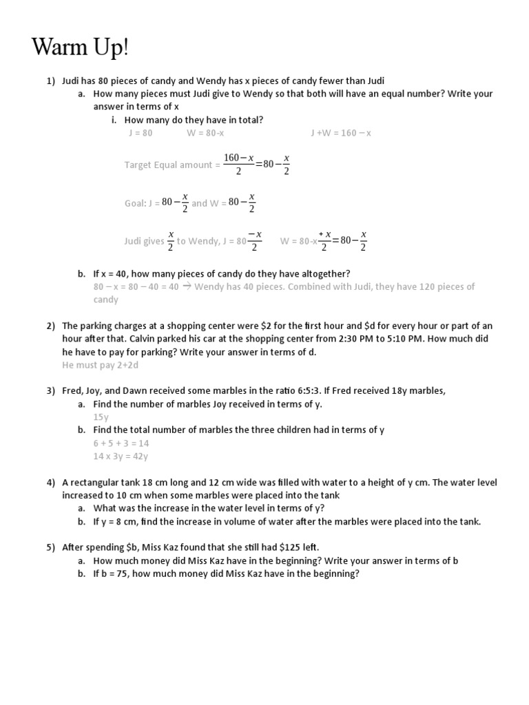 1.2.2 Algebra Warm Up | PDF