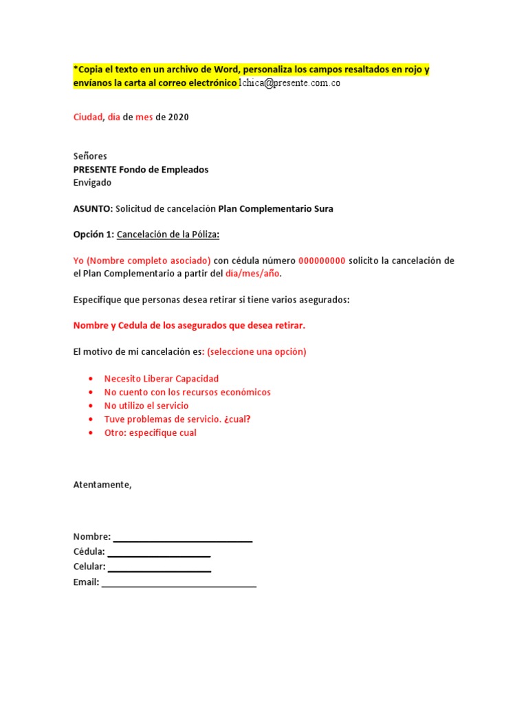Formato Cancelacion PlanComplementario Sura PDF | PDF