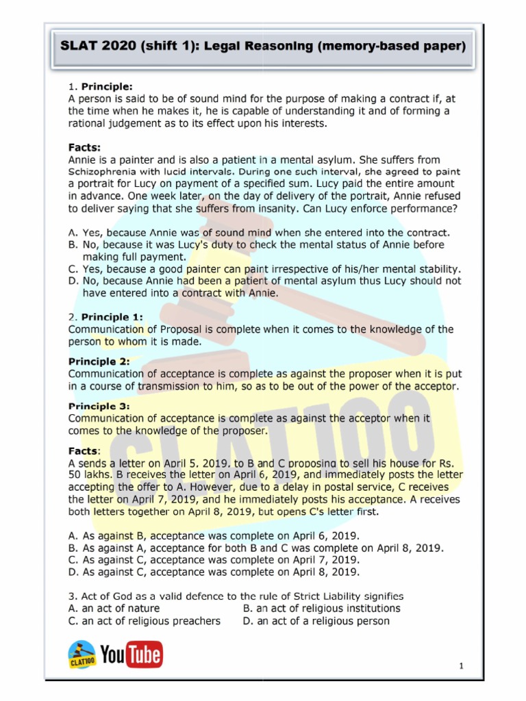 SLAT 2020 shift 1 Legal question paper with answer key (1) | PDF