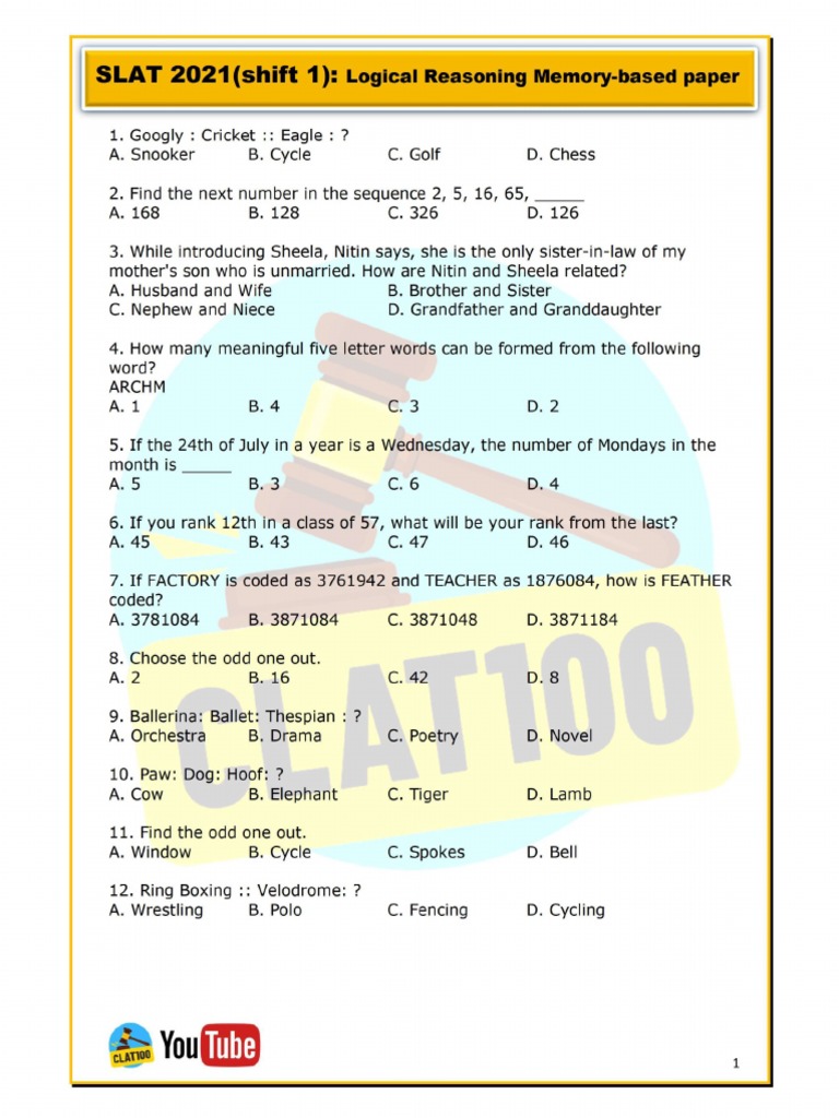 SLAT 2021 Shift 1 LR Question Paper With Answer Key - Final | PDF