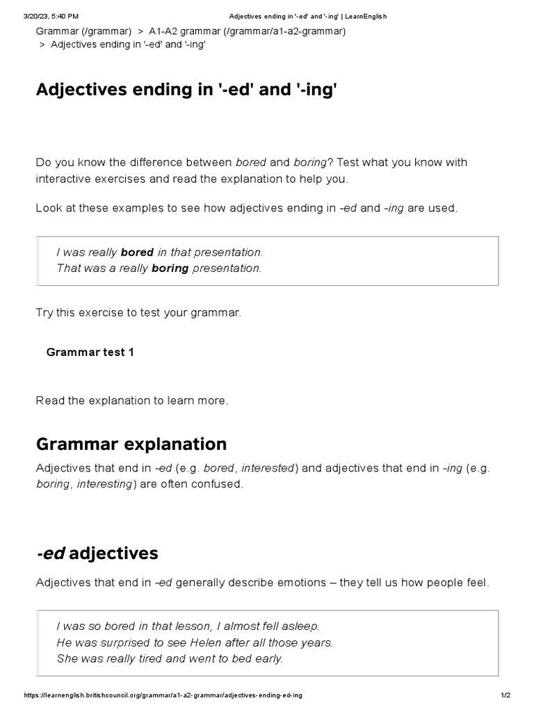 Adjectives Ending in '-Ed' and '-Ing' - LearnEnglish | PDF | Cognition ...