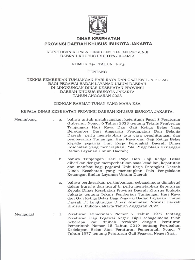 SK Kadis 230 TAHUN 2023 - Teknis Pemberian THR Dan Gaji Ketiga Belas Bagi Pegawai BLUD Di ...