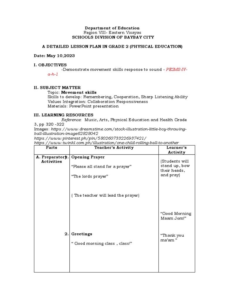 A Detailed Lesson Plan in Grade 2 (Physical Education) | PDF | Learning ...