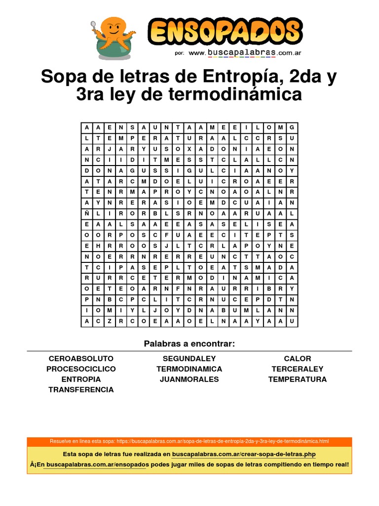 Sopa de Letras de Entropía 2da y 3ra Ley de Termodinámica PDF | PDF