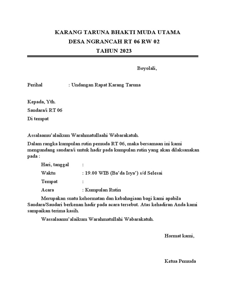 Contoh Undangan Rapat Karang Taruna 1 | PDF