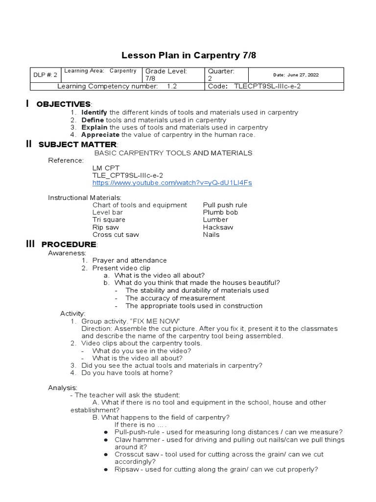 COT-lesson-plan in Carpentry 7 - 8 | PDF | Carpentry | Lumber