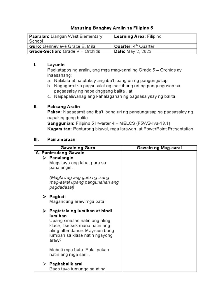 Masusing Banghay Aralin Sa Filipino 5 WEEK 2 | PDF