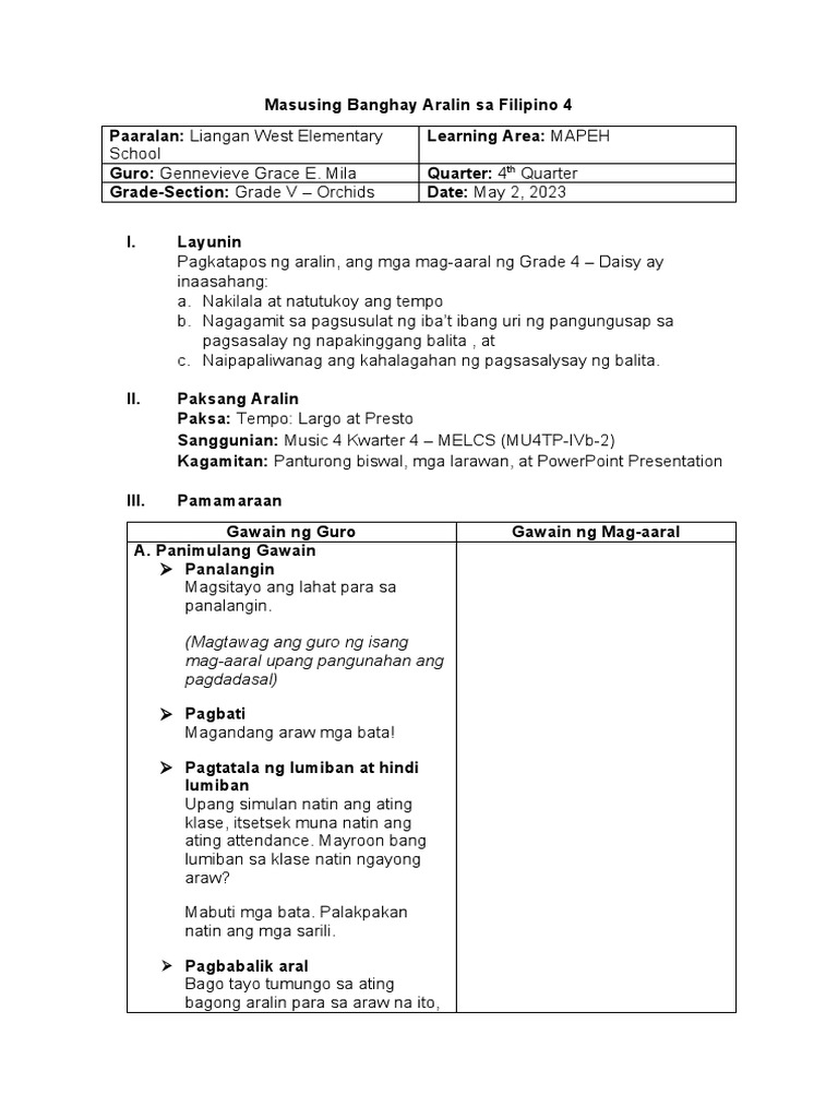 Masusing Banghay Aralin Sa MAPEH 4 WEEK 2 | PDF