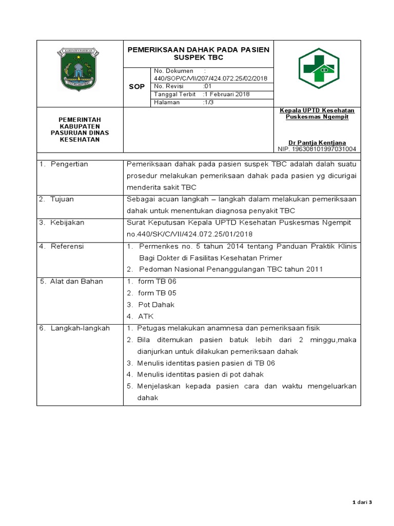 SOP Pemeriksaan Dahak TBC Pasien | PDF
