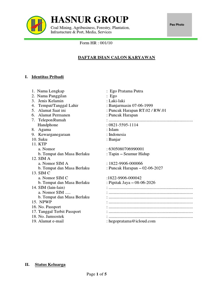 Form Isian Calon Karyawan | PDF