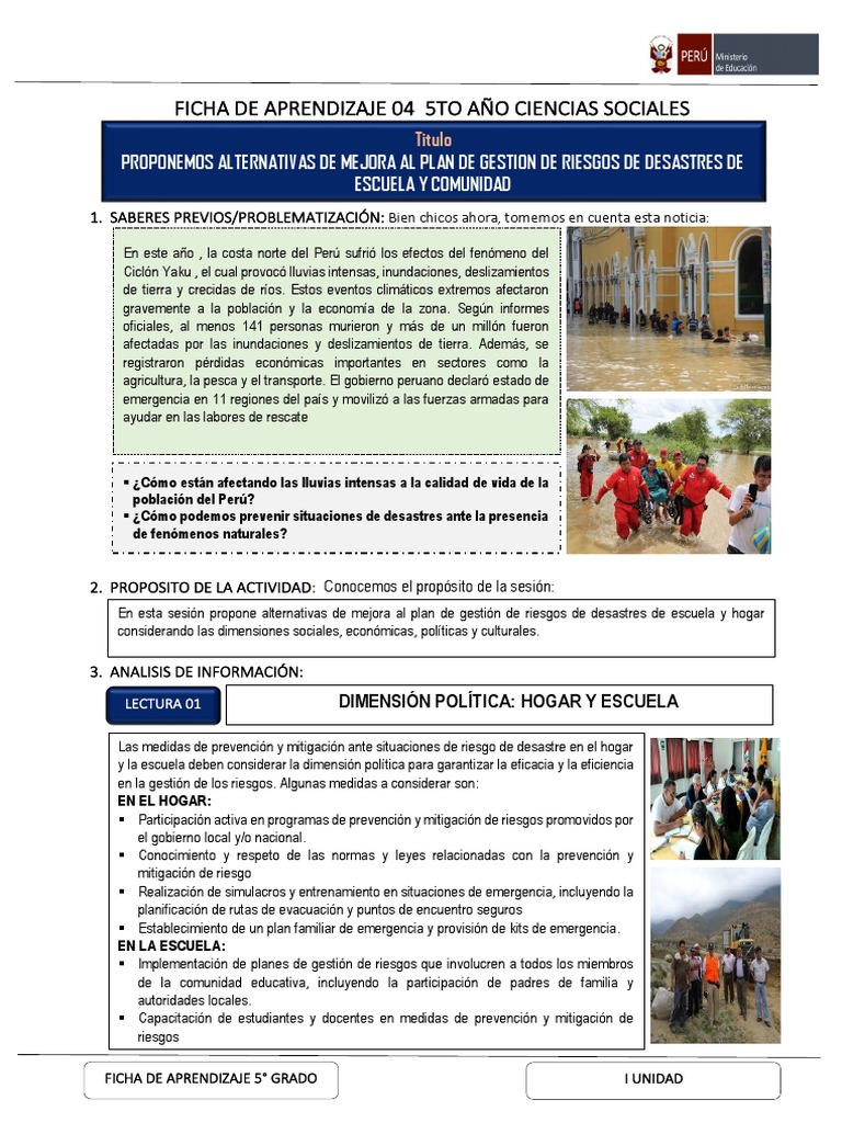 4 Ficha de Aprendizaje CCSS 5° Grado | PDF | Riesgo | Defensa Civil