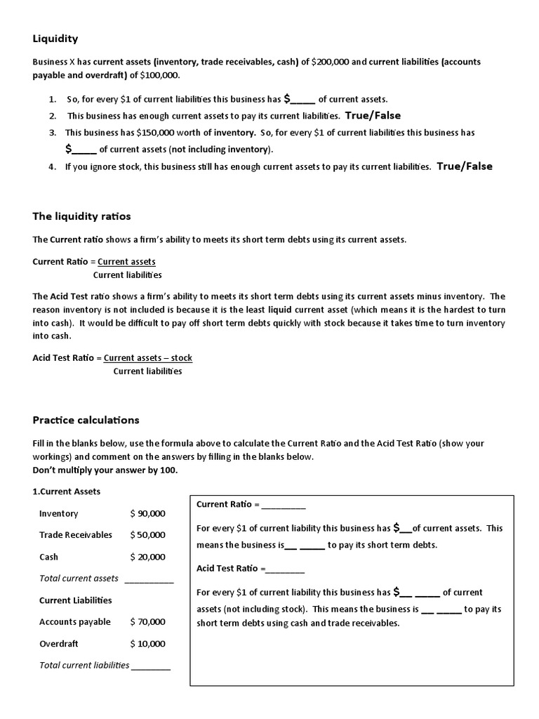 16 Liquidity Ratio worksheetSTUDENT | PDF | Current Liability | Debt