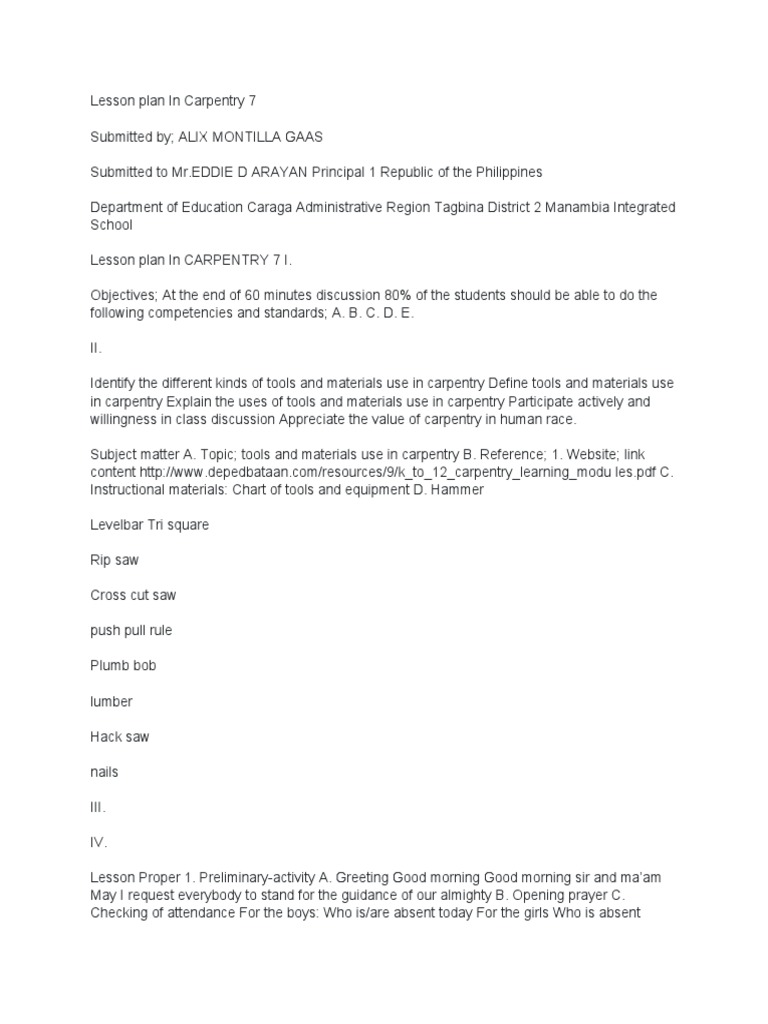 Lesson Plan in Carpentry 7 | PDF | Lumber | Carpentry