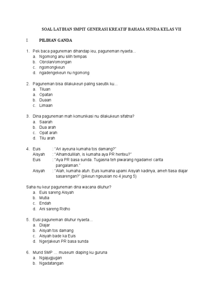 Soal Latihan Basa Sunda Kelas 7 | PDF