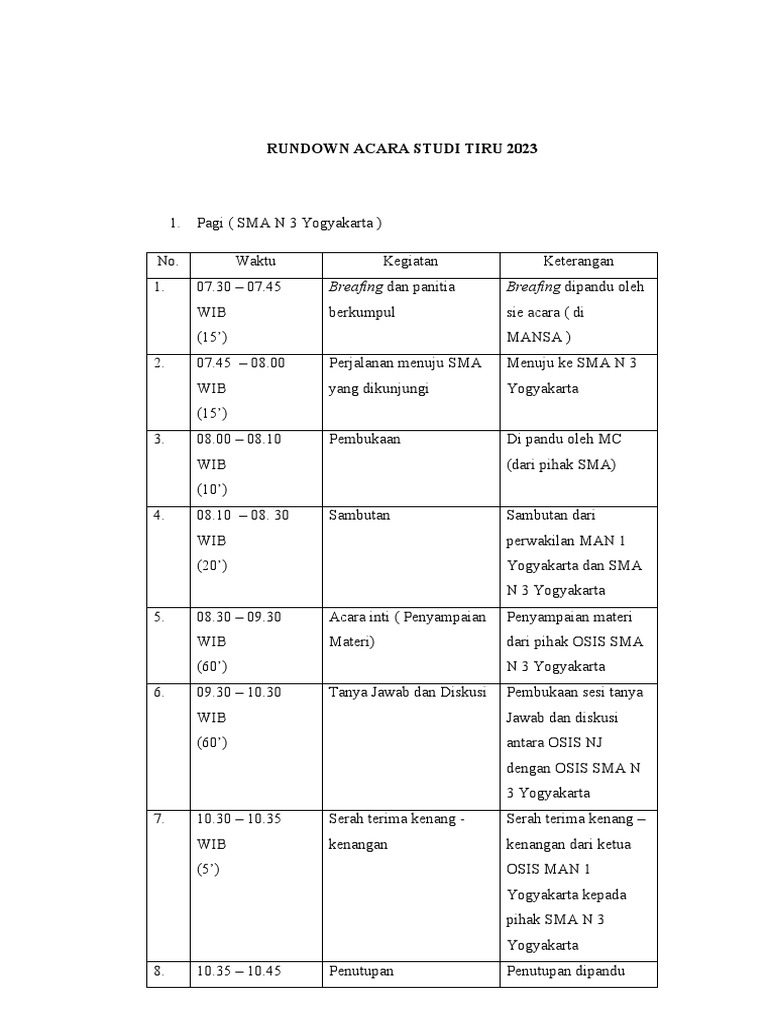 Rundown Acara Studi Tiru 2023 | PDF