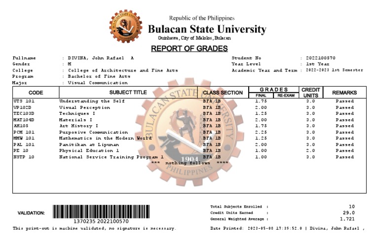 Report of Grades Bsu | PDF