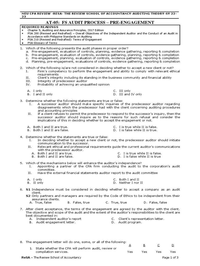 AT-05 - FS Audit Process - Pre-Engagement | PDF | Financial Audit | Audit