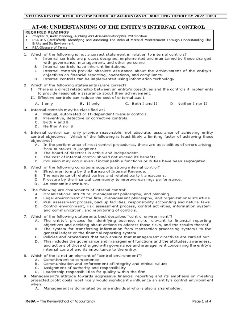 NEU CPA REVIEW- UNDERSTANDING ENTITY'S INTERNAL CONTROL | PDF | Internal Control | Audit