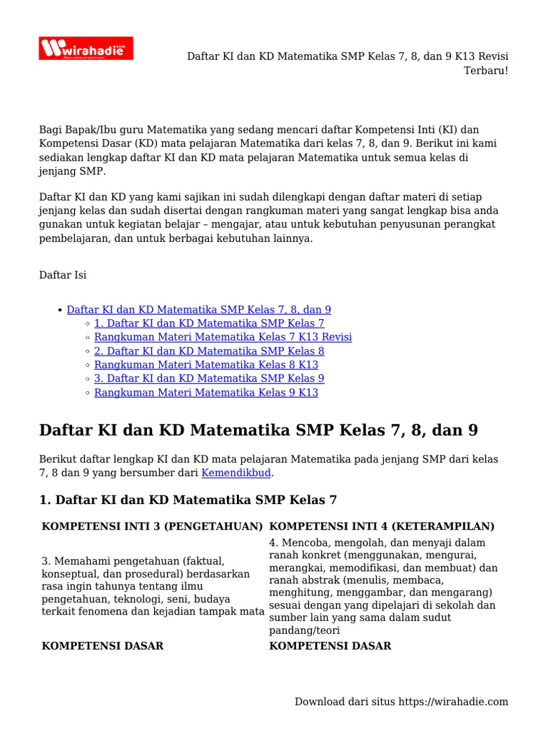 Daftar KI dan KD Matematika SMP Kelas 7, 8, dan 9 K13 Revisi Terbaru! | PDF