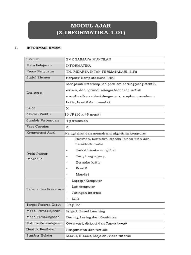 Modul Ajar Informatika 1-TP1 | PDF