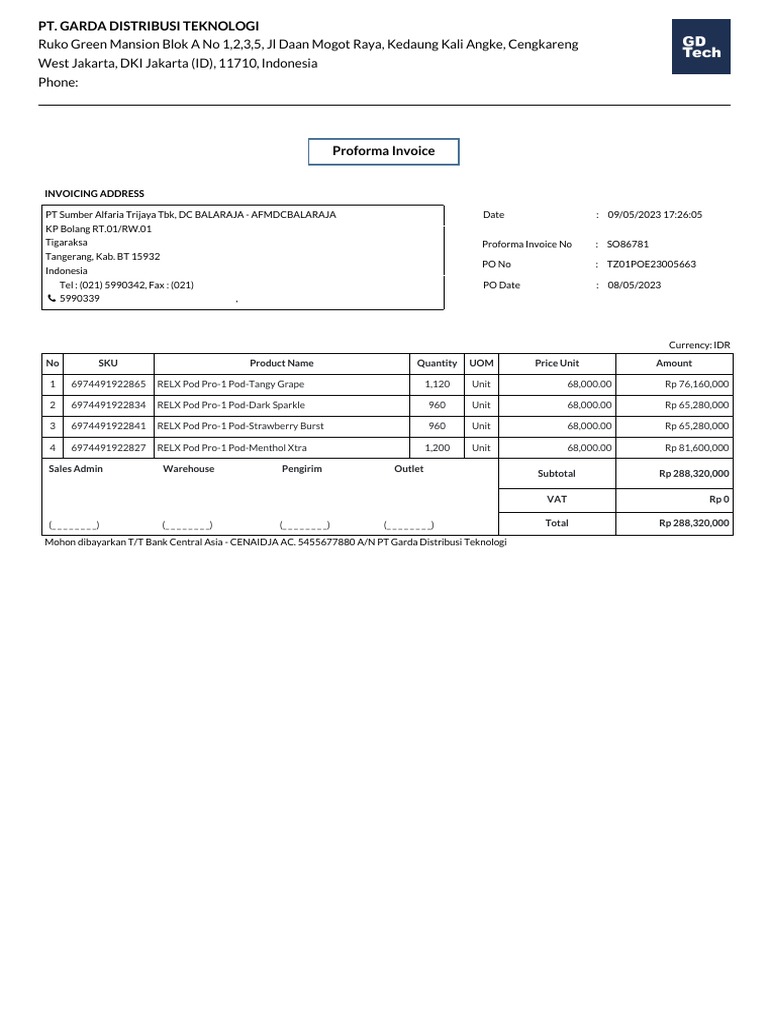 Proforma Invoice for the Sale of RELX Pod Products from PT Garda ...