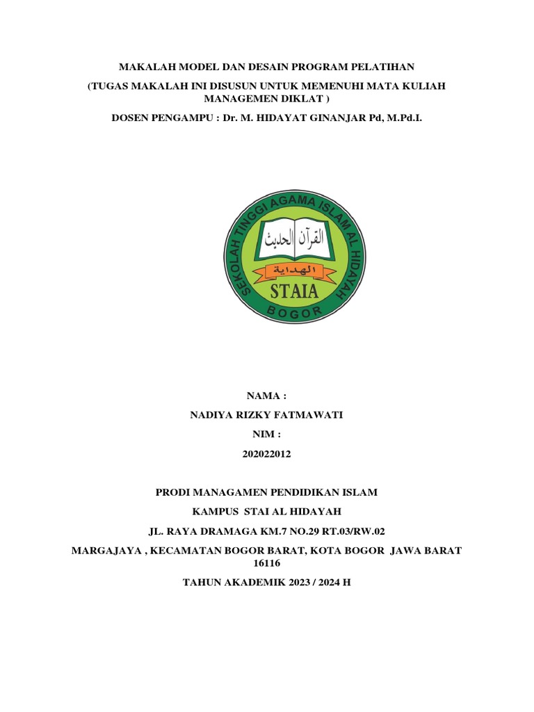 Makalah Model Dan Desain Program Pelatihan (M.diklat) Nadiya 202022012 PDF | PDF