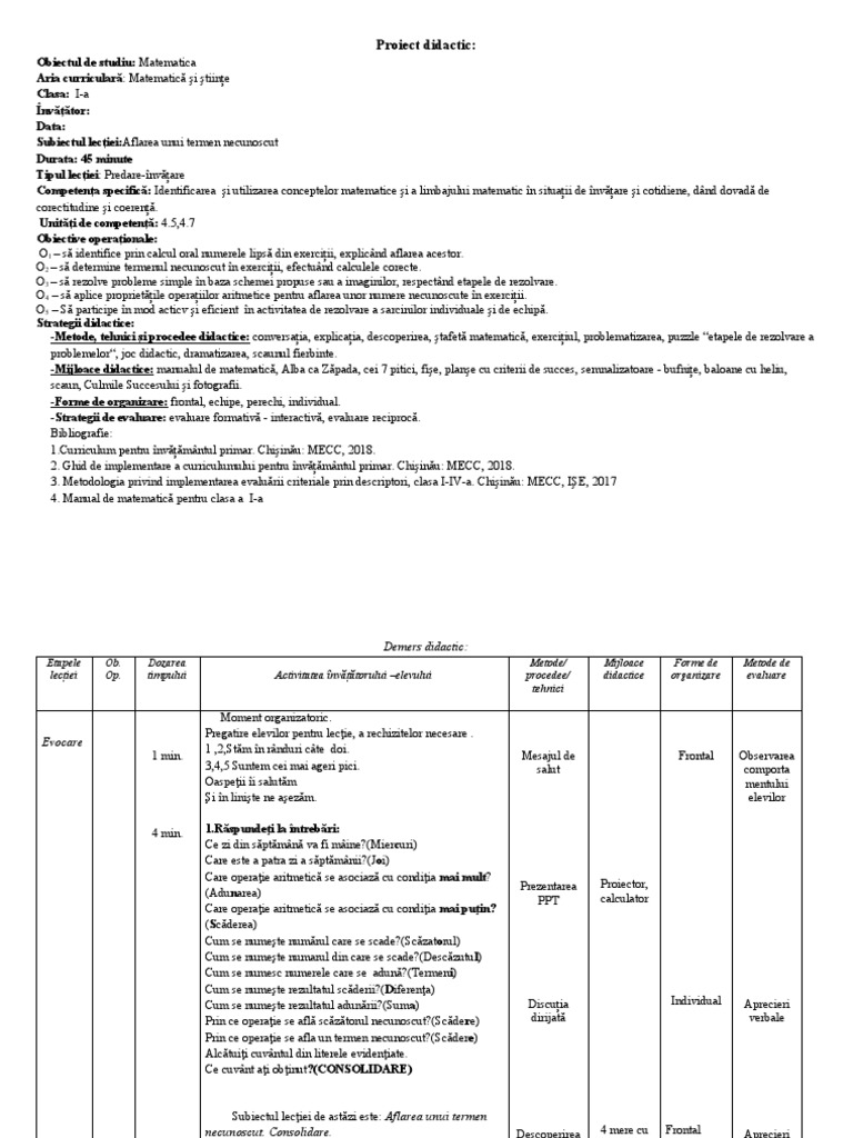 Matematica - Proiect - Didactic - Clasa 1 | PDF