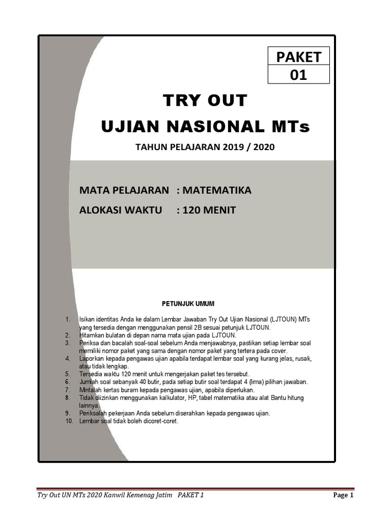 Soal Tryout Matematika Paket 1 Jatim PDF | PDF