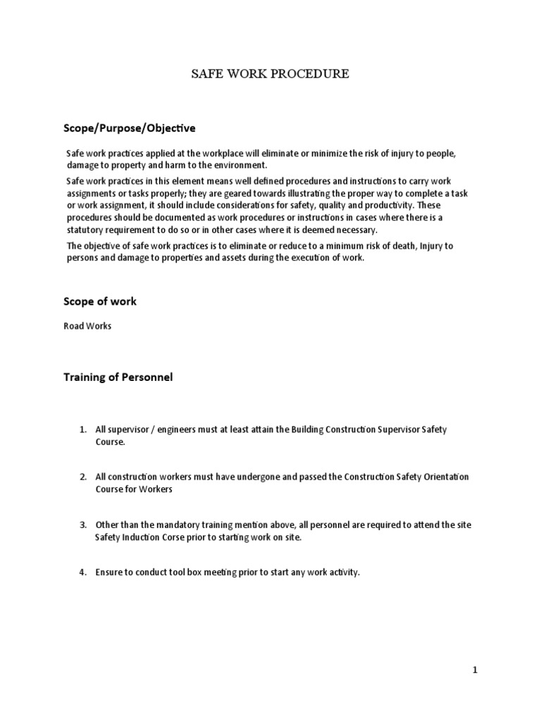 SAFE WORK PROCEDURE Road Work | PDF | Safety | Risk
