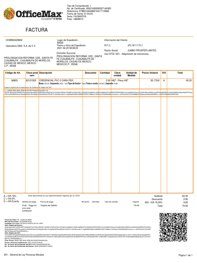 Factura: Base: 60.34 Impuesto: 002 - IVA Tipo de Factor: Tasa Tasa o ...