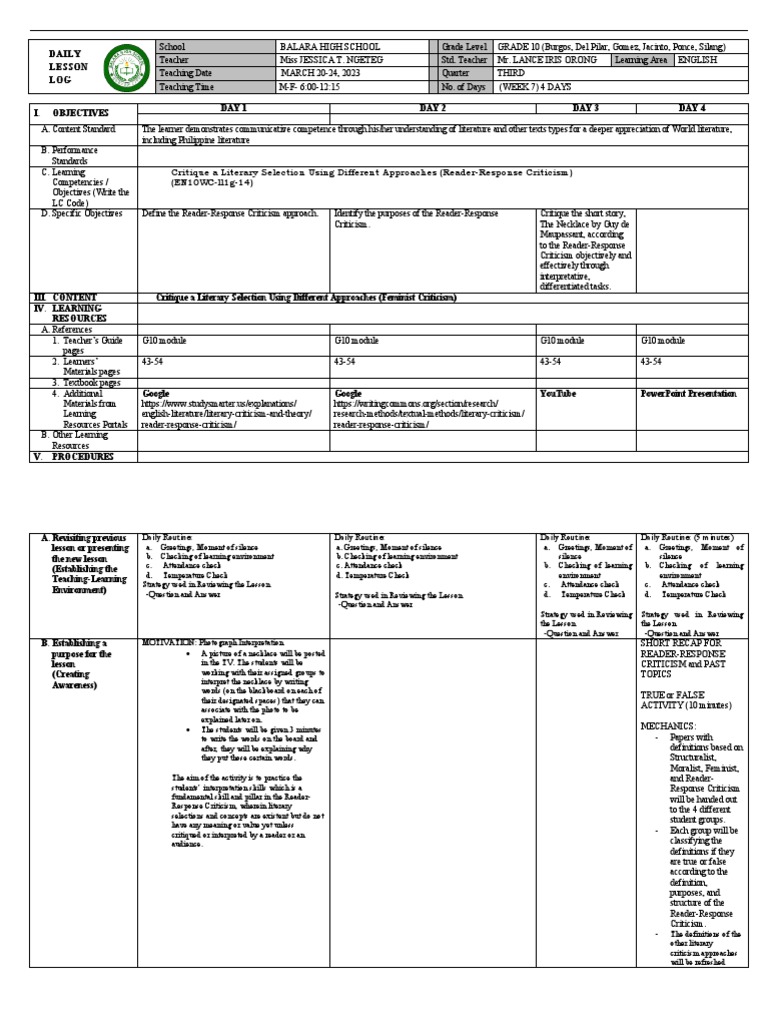 ORONG DLL For L4 Reader Response - With - Inputs | PDF | Educational ...