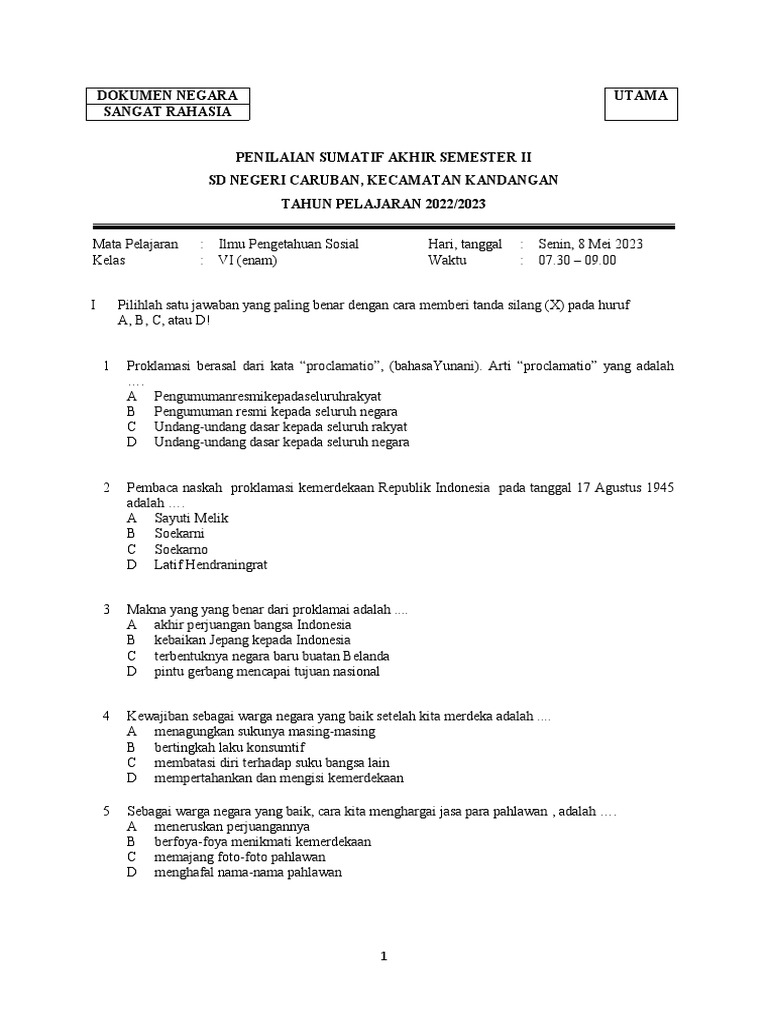 Dokumen Negara Utama Sangat Rahasia Penilaian Sumatif Akhir Semester Ii SD Negeri Caruban ...
