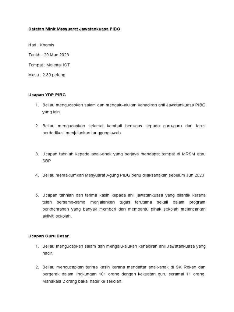 Catatan Minit Mesyuarat Jawatankuasa PIBG | PDF