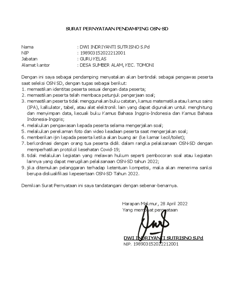 Surat Pernyataan Pendamping Osn SD - Dwi Indriyanti S | PDF